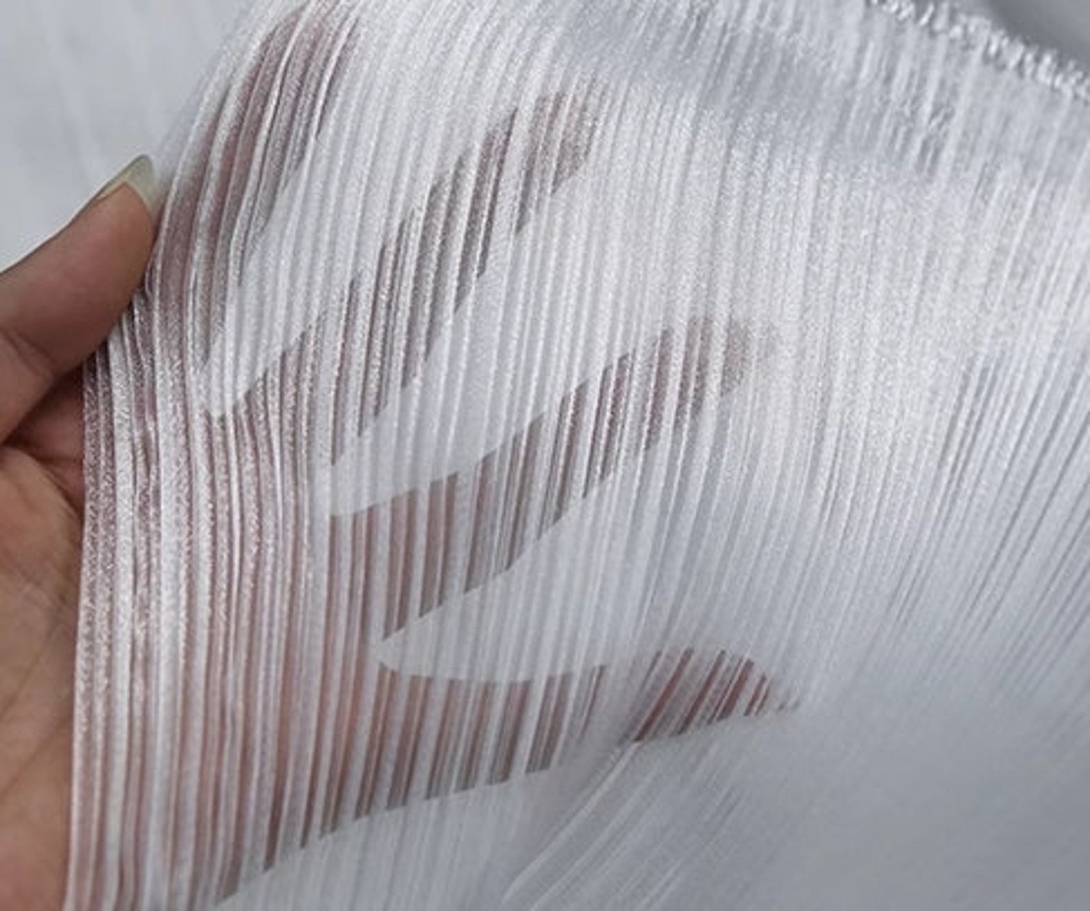 White Glossy Organza Fabric, Pleated Textured Transparent Fabric ...