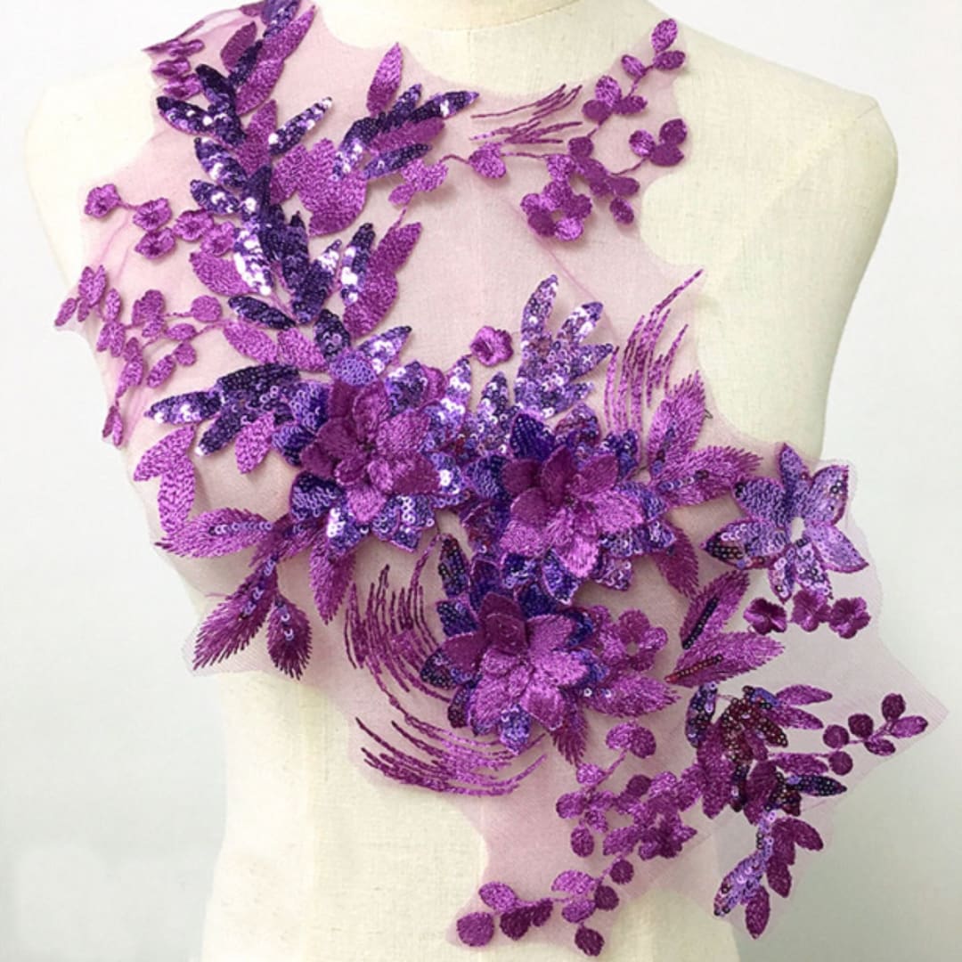 Purple Plum Lace Applique, Sequin Glitter 3D Appliques, Bridal Bodice ...