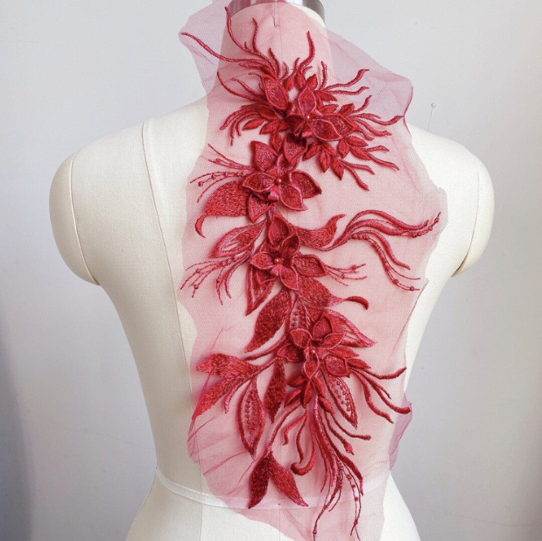 Burgundy Red Applique, 3D Beaded Multi Color Applique, Lace Floral for ...