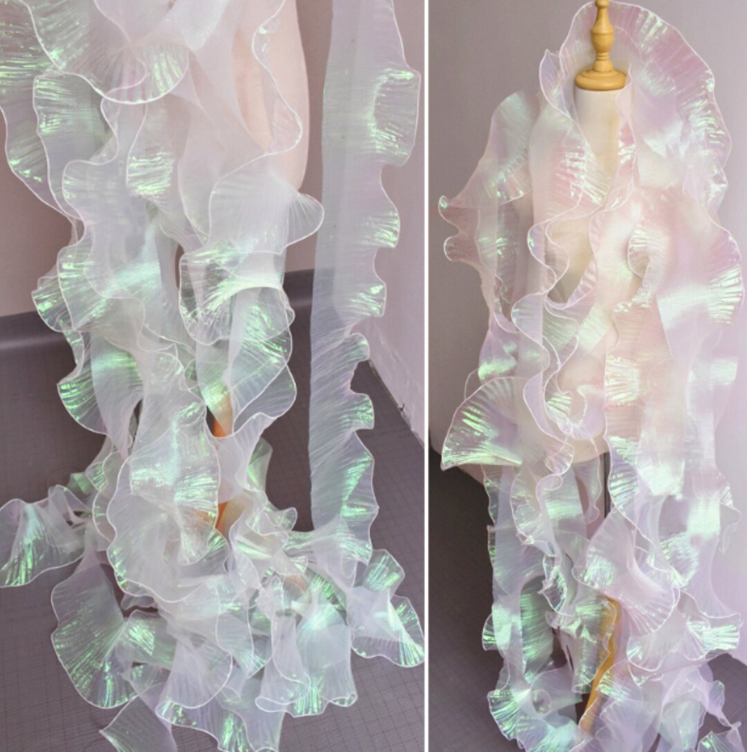 White Rainbow Pleated Organza Fabric, Sheer Ruffle 15cm Wide Fabric, 3D ...