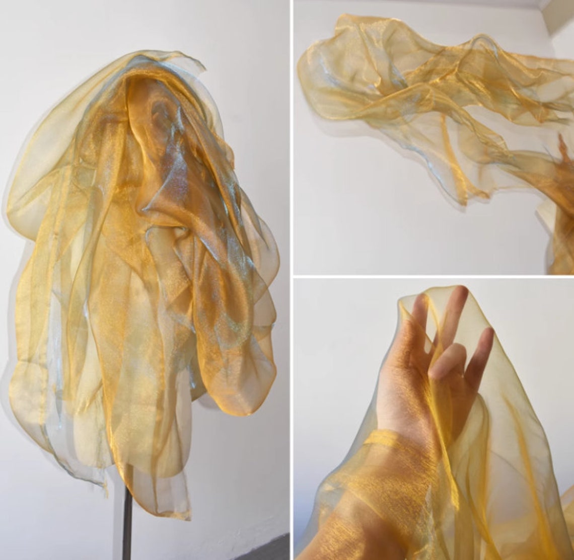 Golden Transparent Organza Fabric, Illusion Liquid Soft Fabrics, Glossy ...