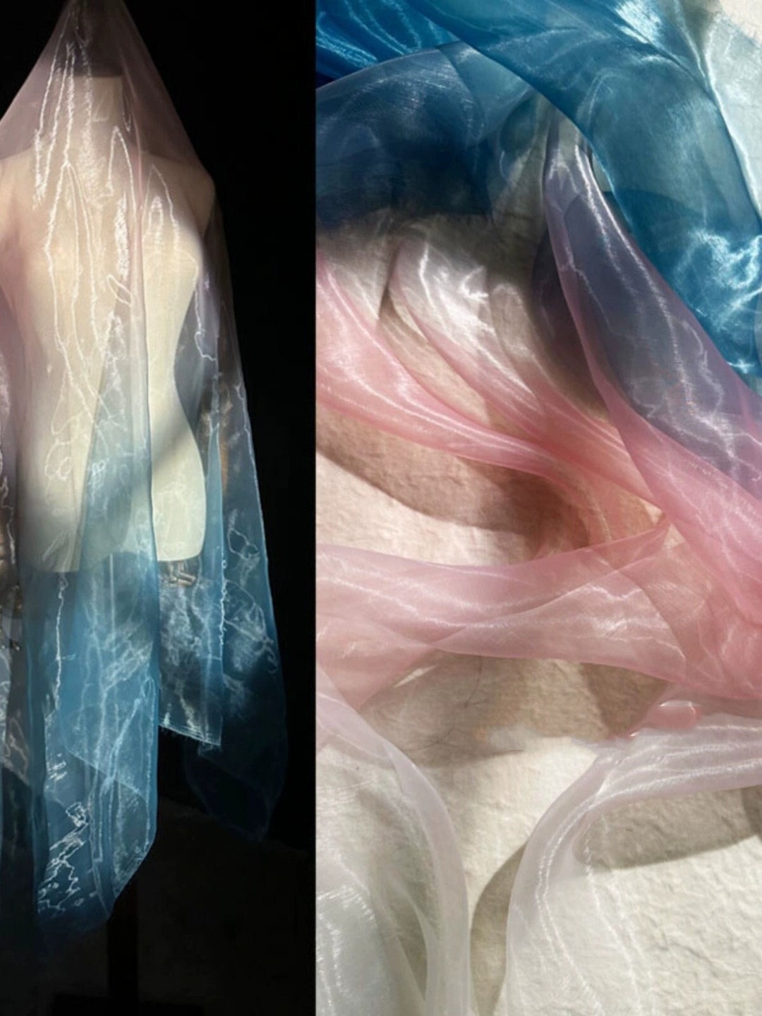 Blue and Pink Glossy Glass Silk Fabric, Gradient Color Satin Mermaid ...