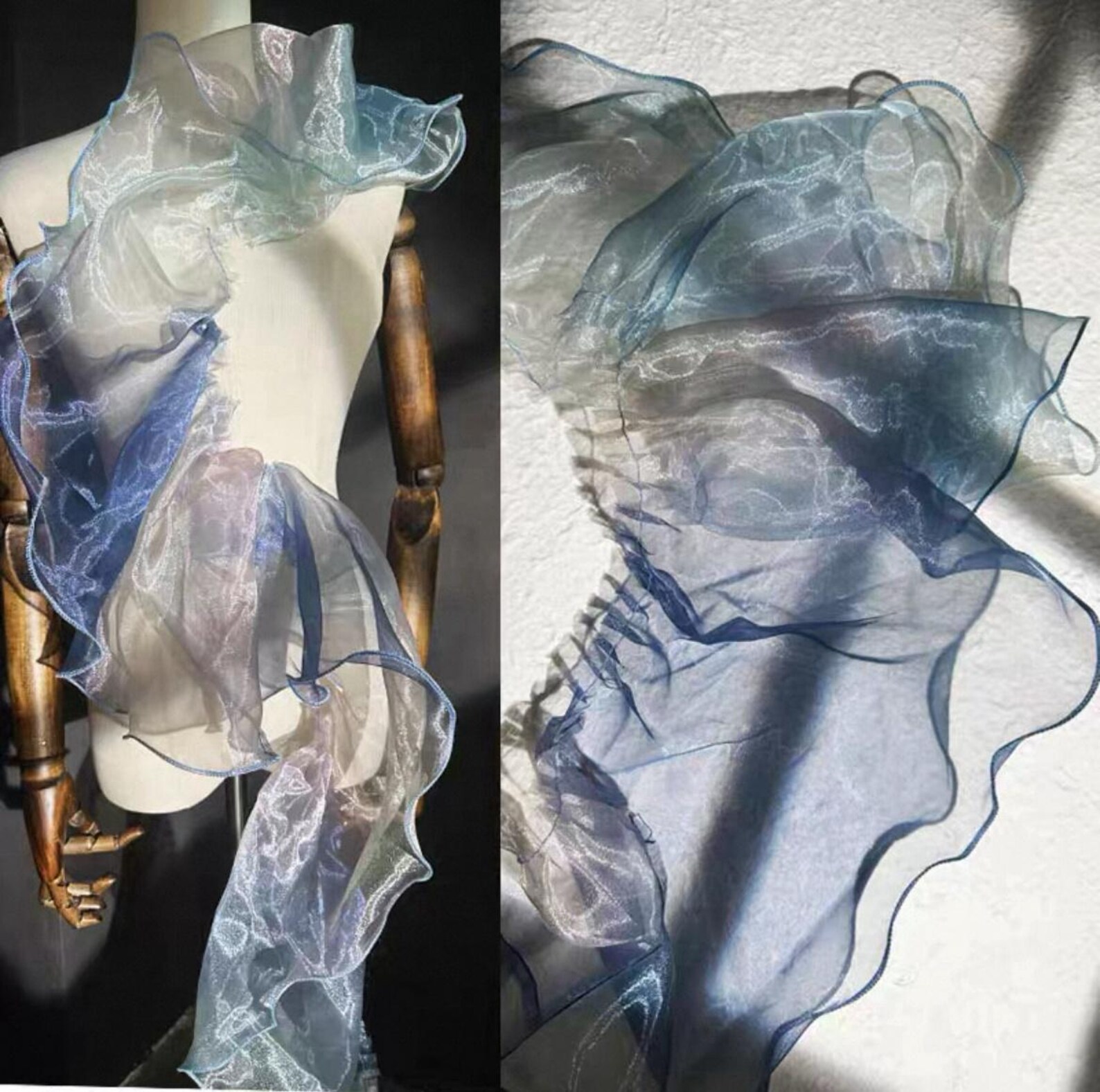 Blue and Purple Wave Fabric, Lace Tulle Fabric, Ruffle Pleated Fabric ...