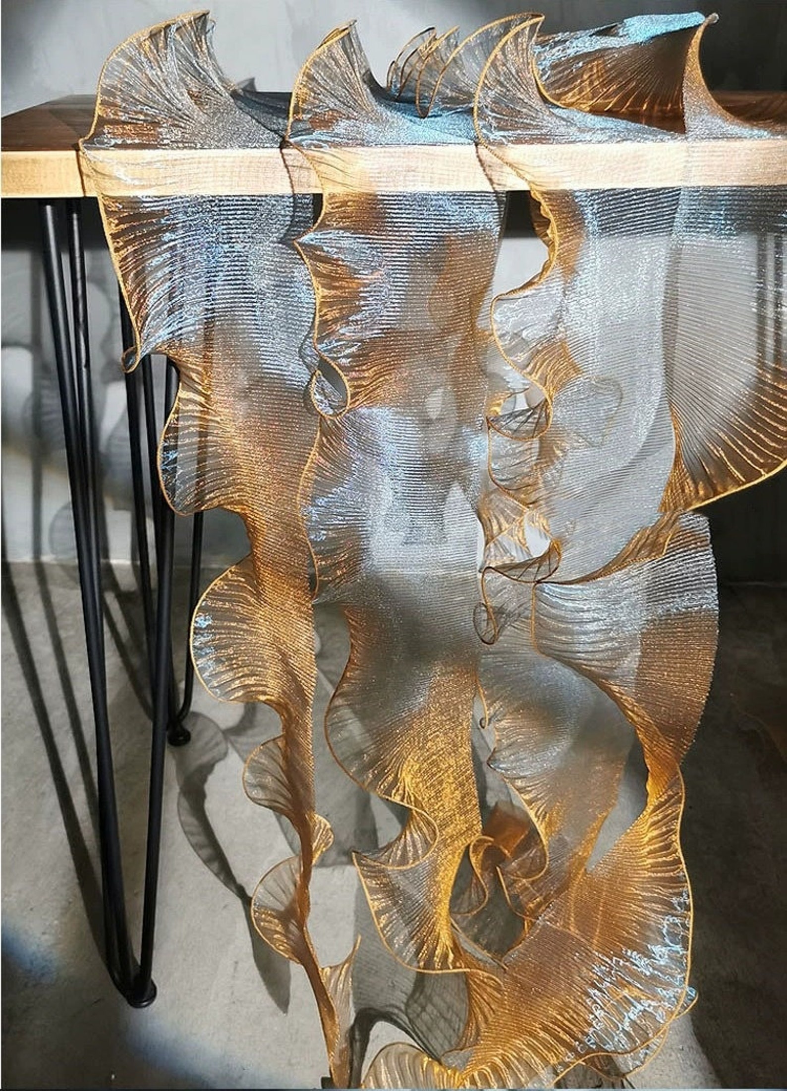 Gold Curry Blue Organza Ruffle Fabric, Mermaid Ruffle Organza Fabric ...