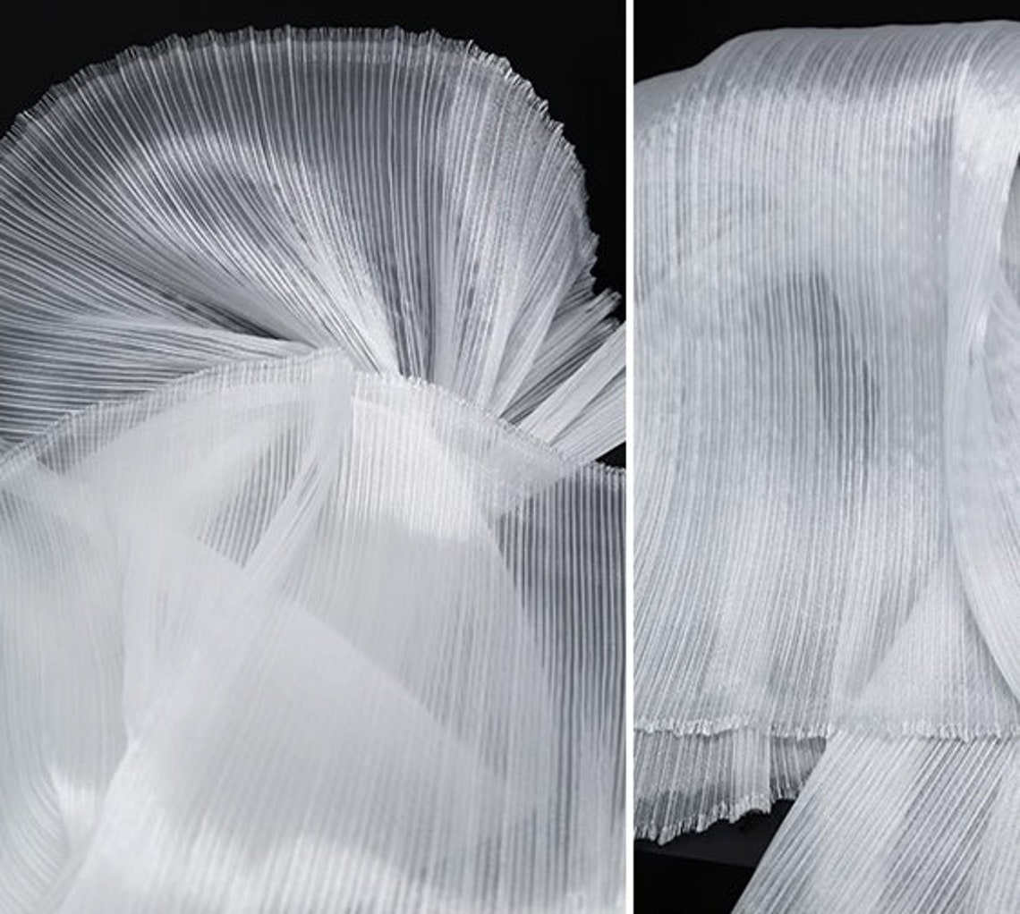 White Glossy Organza Fabric, Pleated Textured Transparent Fabric ...