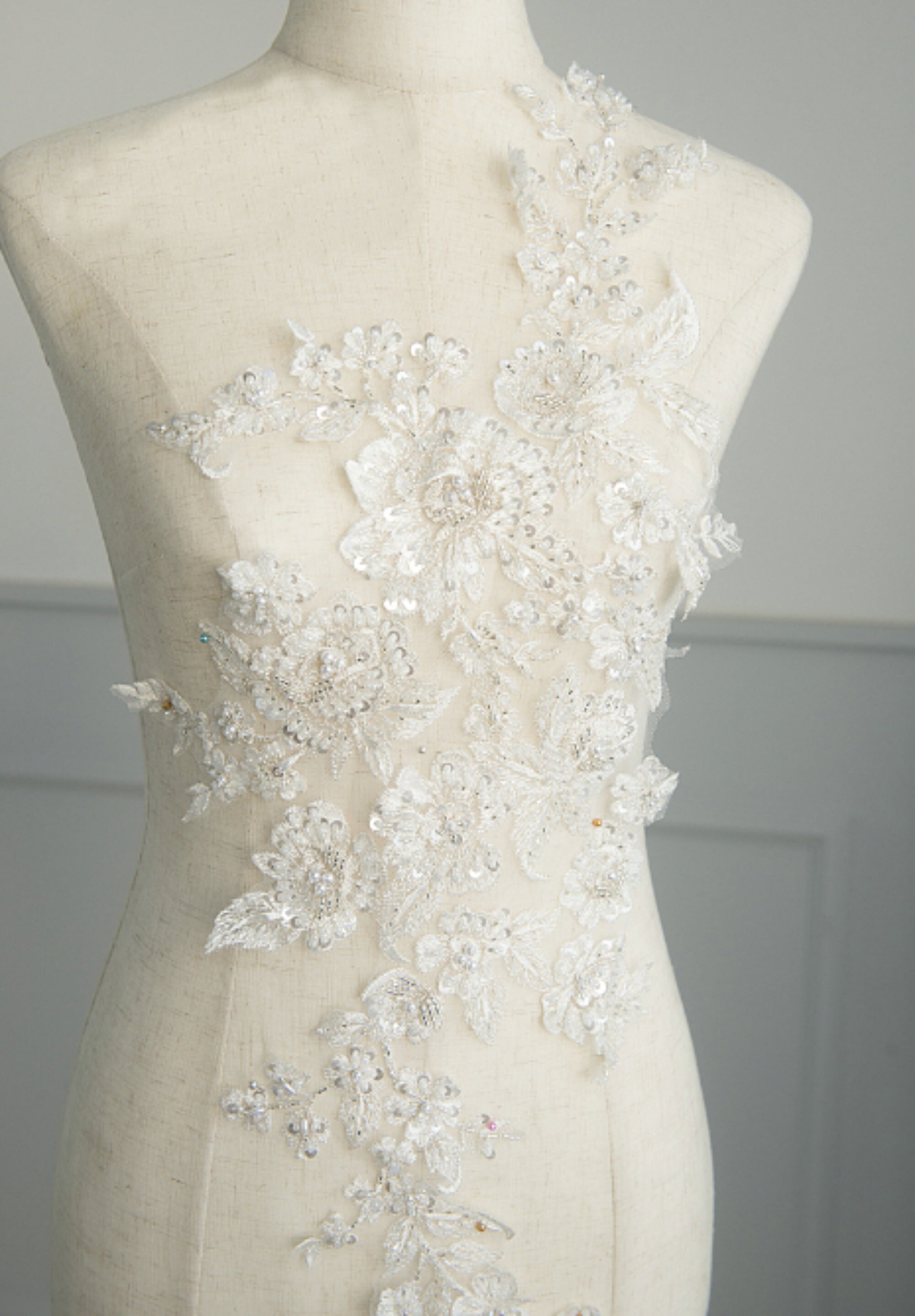 White Beaded Rhinestone Applique, Sparkling 3D Lace Applique, Glitter ...