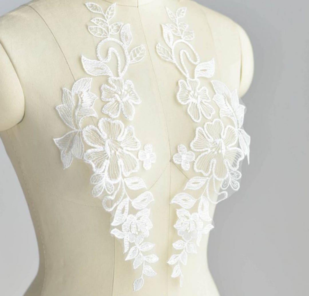 White Hollow Flower Appliques, Embroidery Leaf Lace Applique, One Pair ...