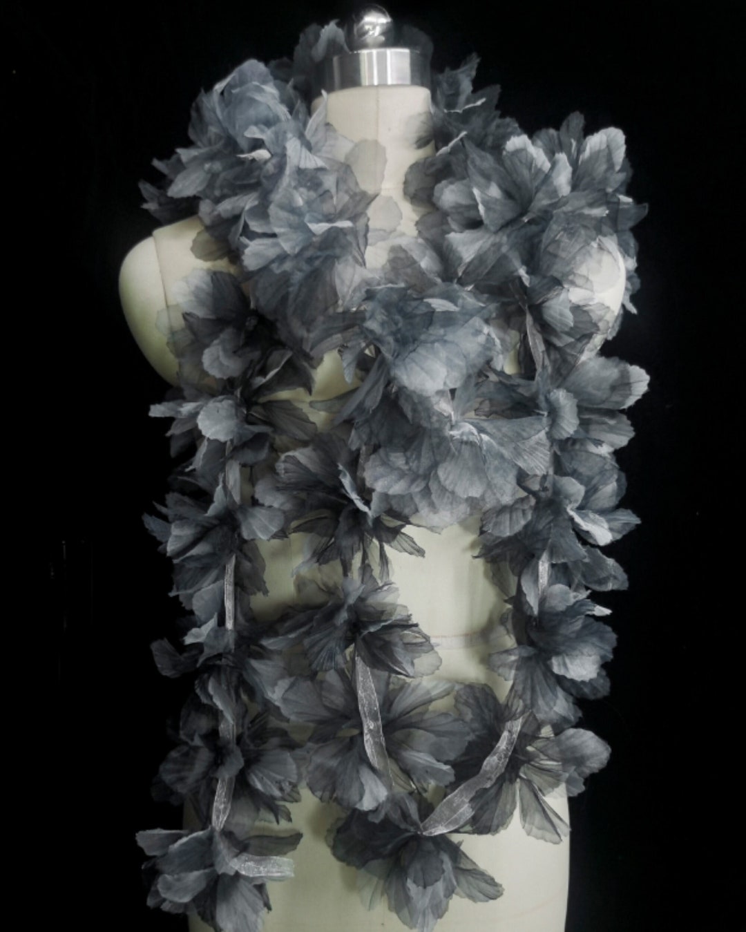 Black 3D Organza Fabric, Gradient Flowers Leaves Fabric, DIY 5.12 ...