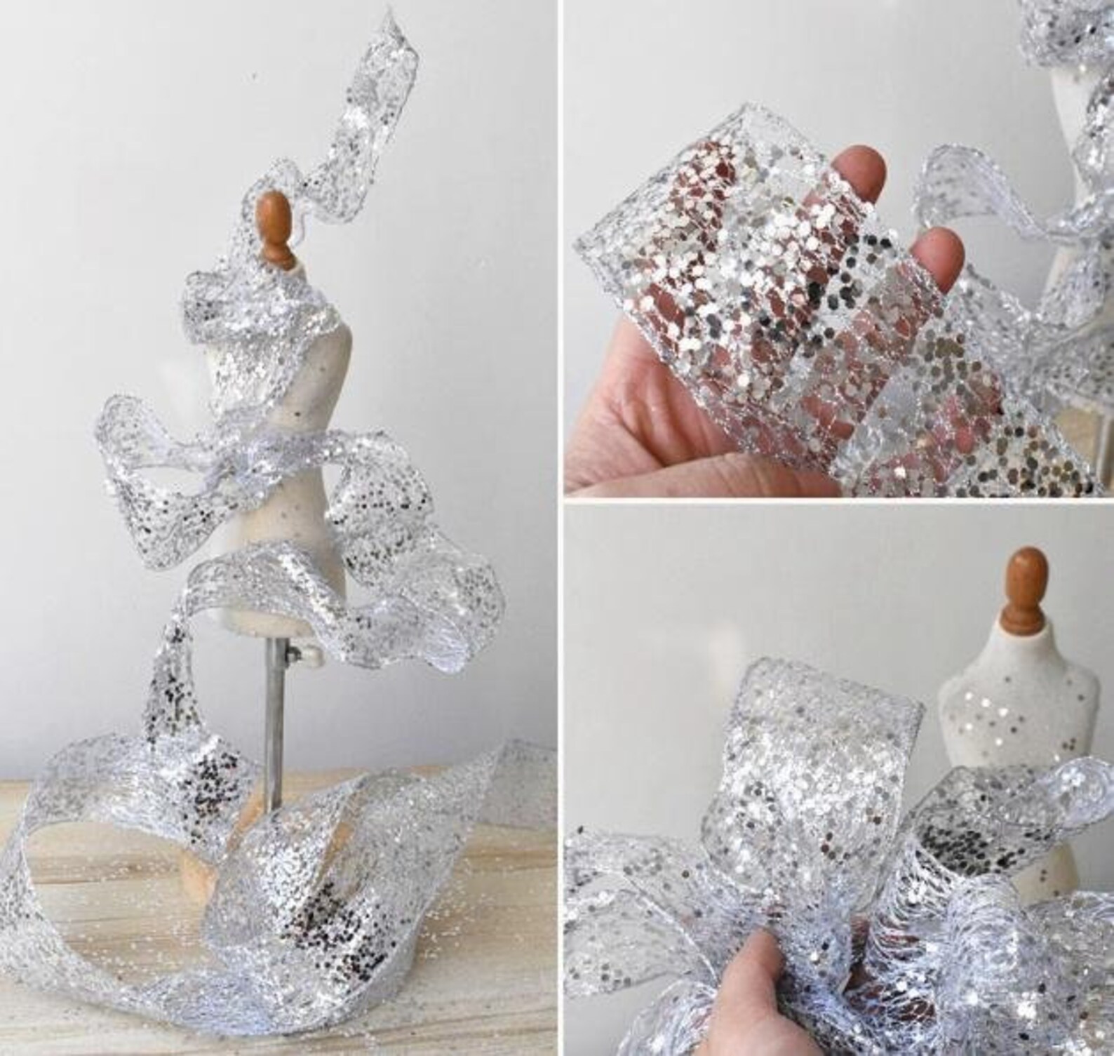 Silver Sequins Wire Lace Fabric, Shiny Metallic Stiff Wire Mesh Fabrics ...