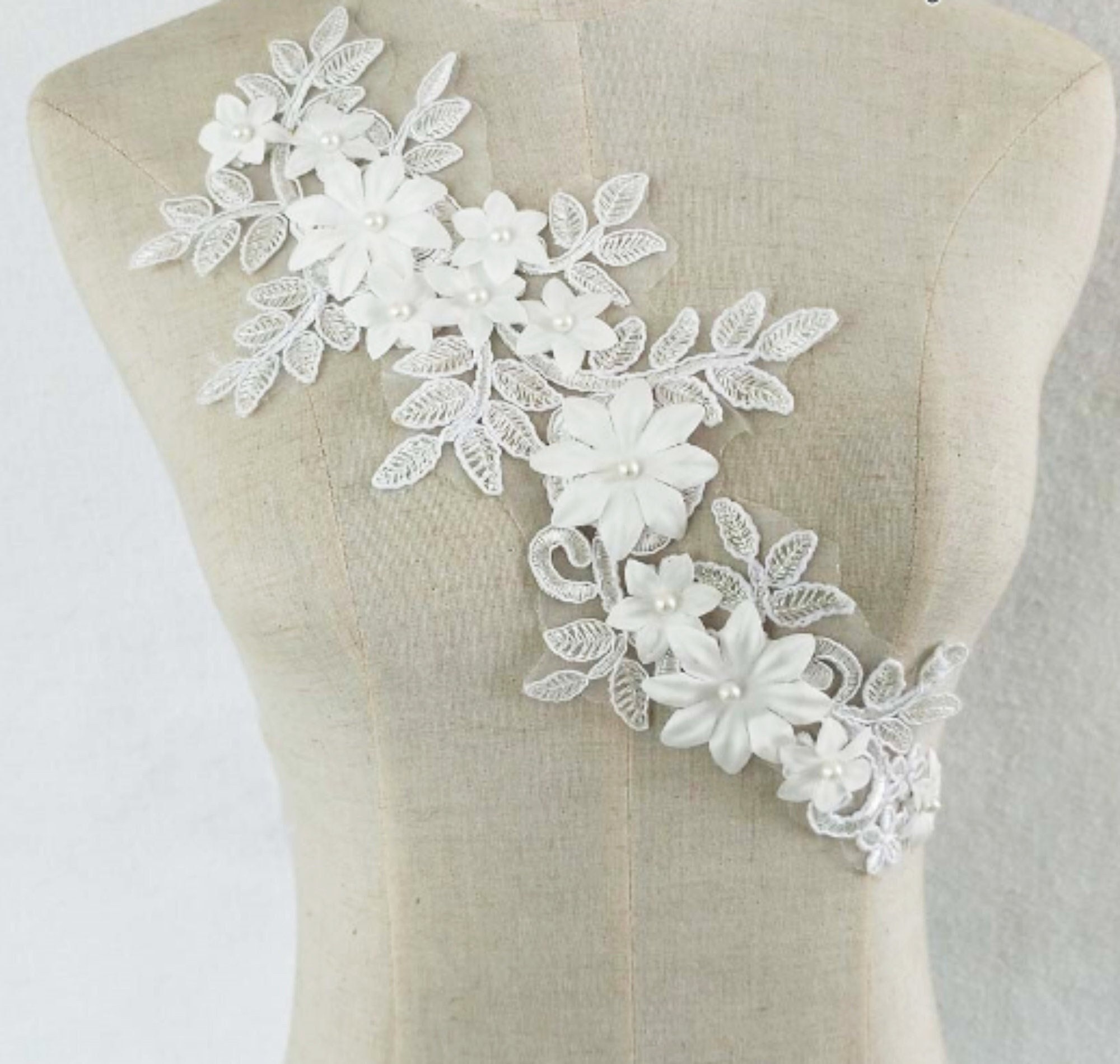 White Floral Lace Applique, 3D Bead Lace Applique, Bridal Bodice ...