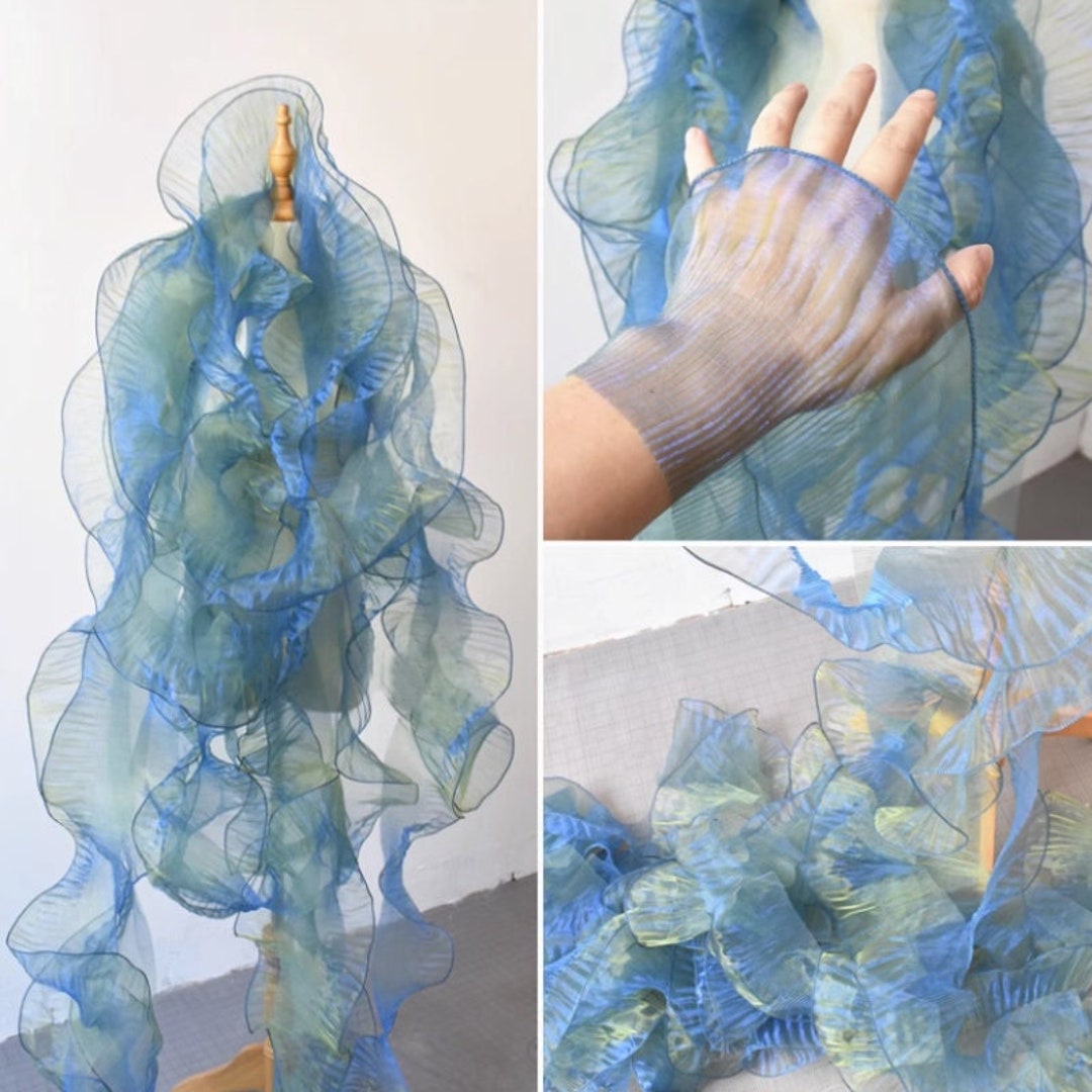 Sheer Blue Organza Fabric, Large Ruffle Organza Fabric, Pleated Wave ...