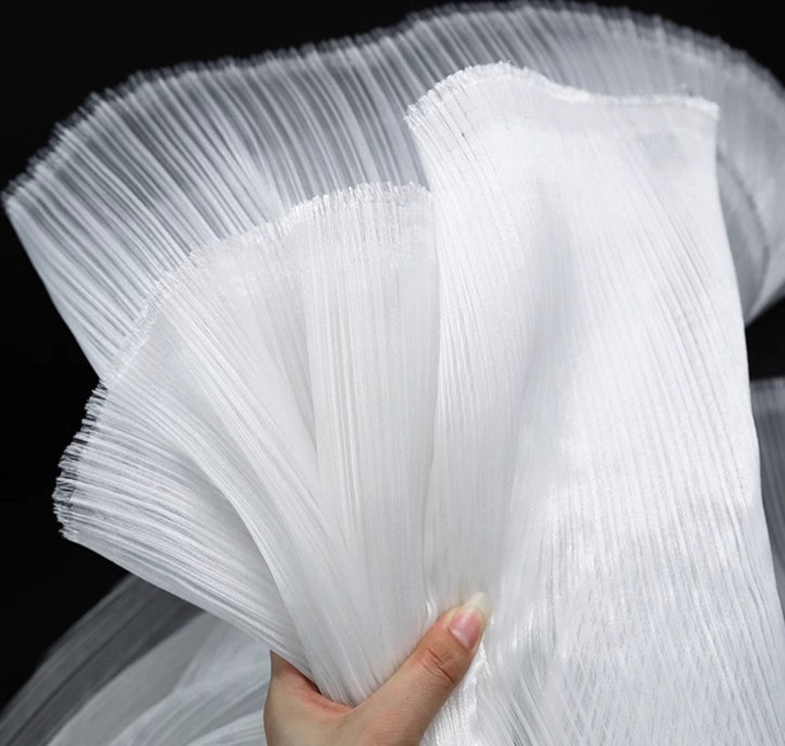 White Glossy Organza Fabric, Pleated Textured Transparent Fabric ...