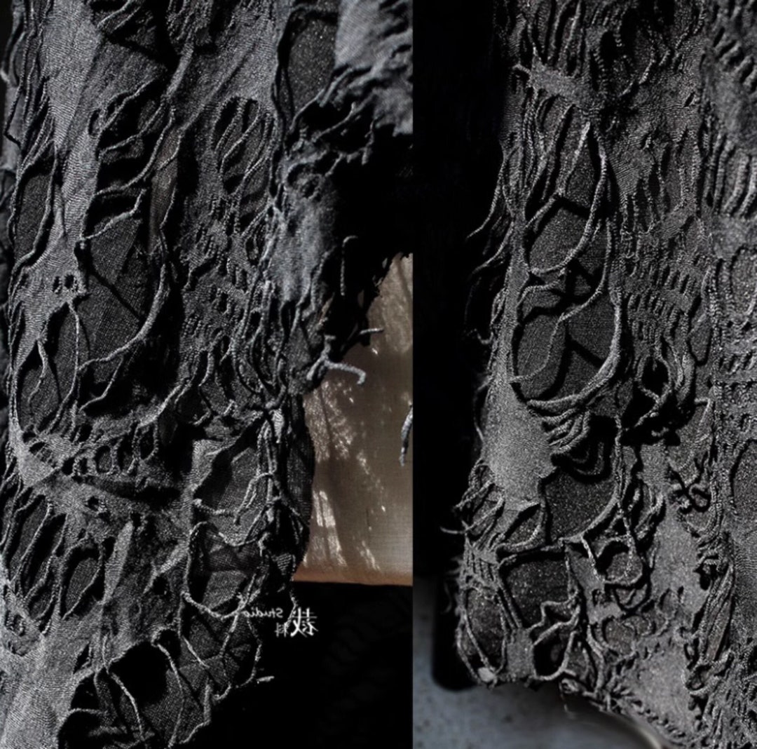 Black Tearing Jacquard Fabric, Heavy Textured Cotton Fabric, Ragged ...