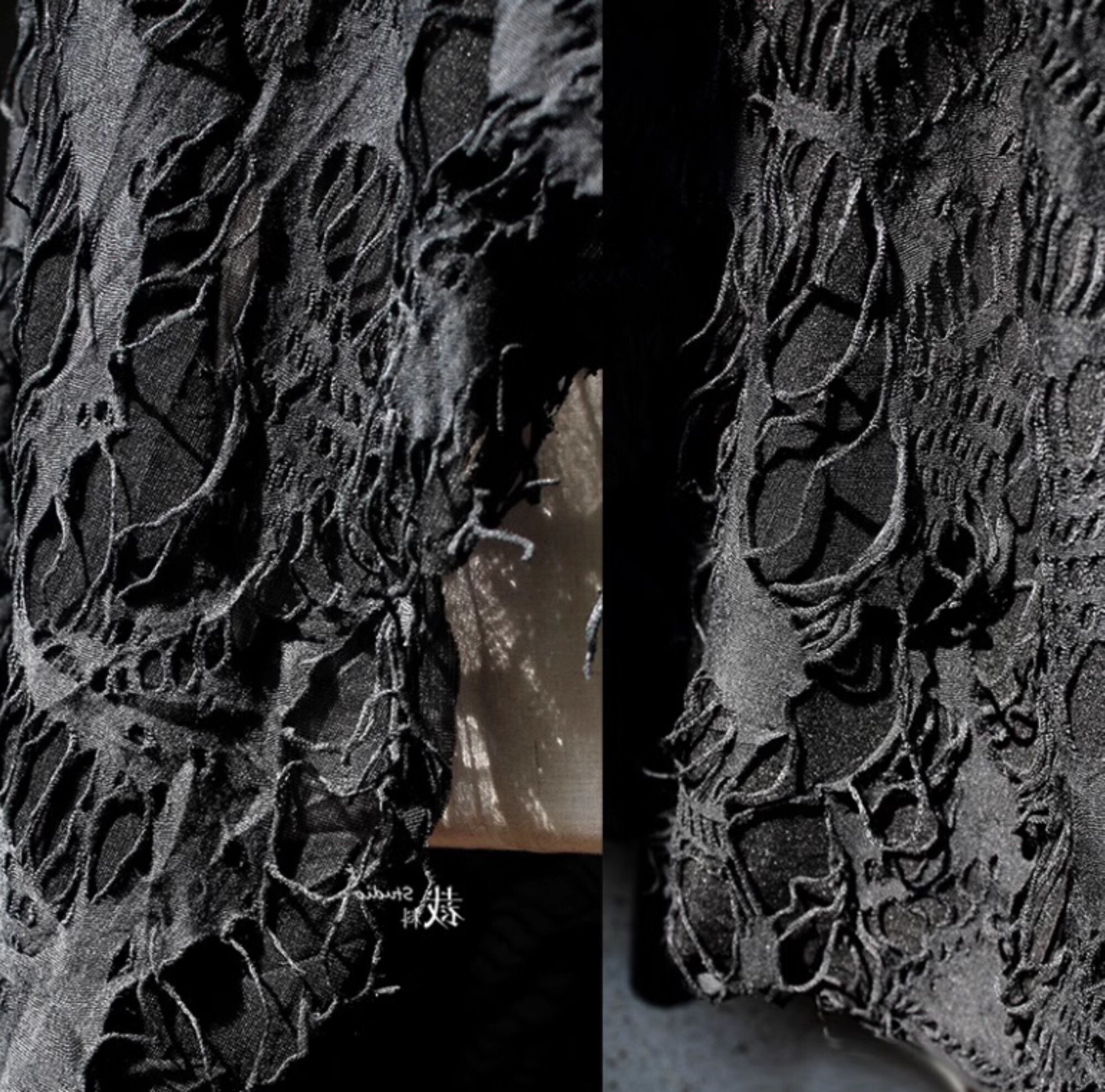 Black Tearing Jacquard Fabric, Heavy Textured Cotton Fabric, Ragged ...