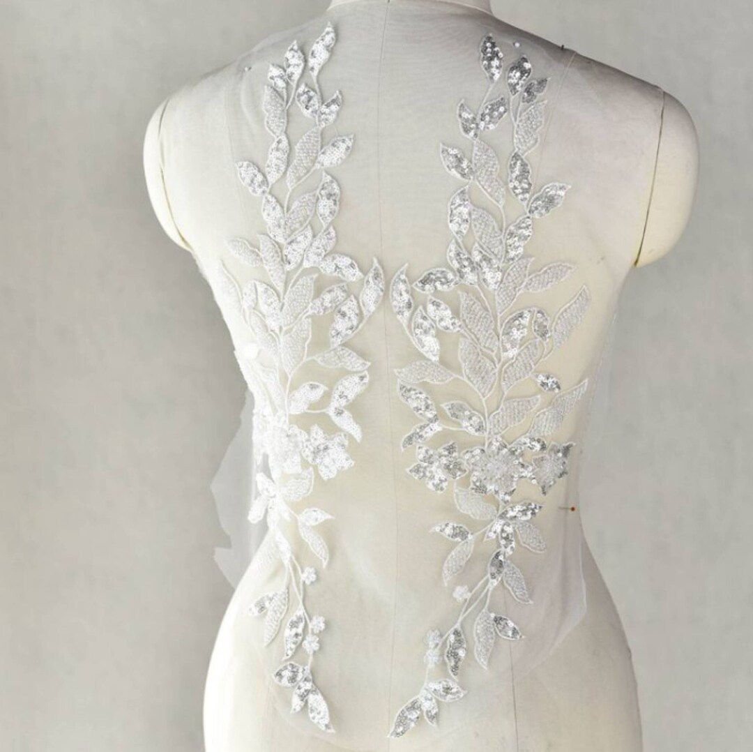 Pure White Beaded Applique, One Pair Sequins Lace Appliques, Bridal ...