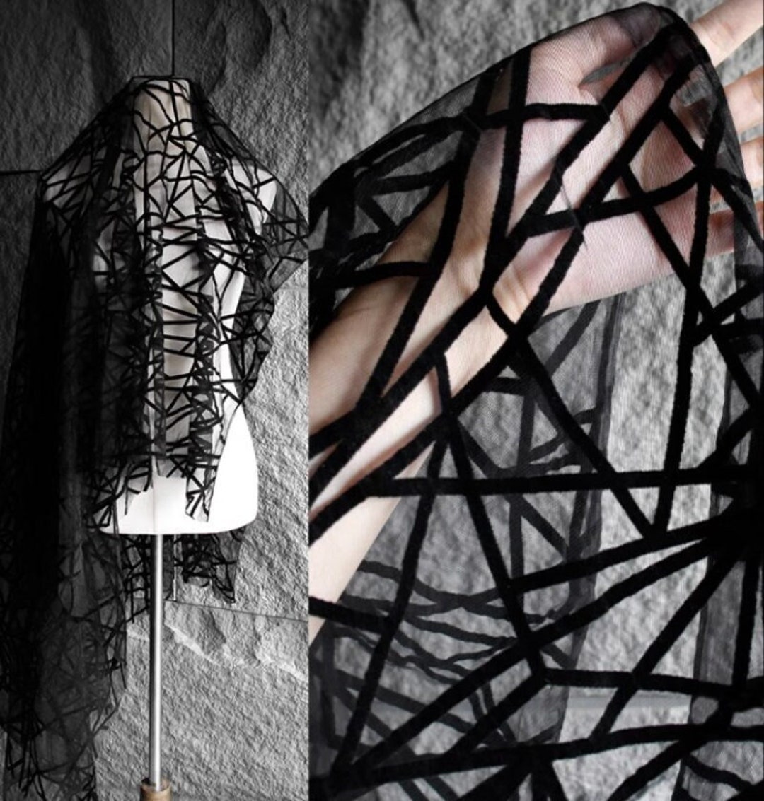 Black Geometric Jacquard Fabric, Irregular Mesh Texture Fabrics, Tulle ...