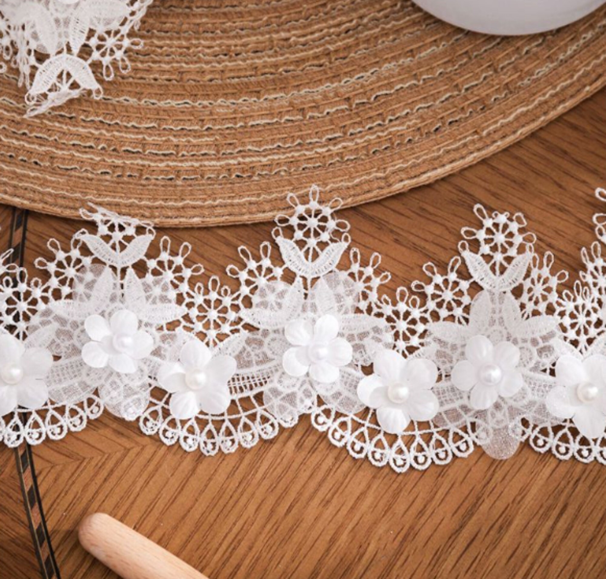 White Beaded Lace Trim, 3D Double Layer Lace Trim, Wedding Dress Lace ...