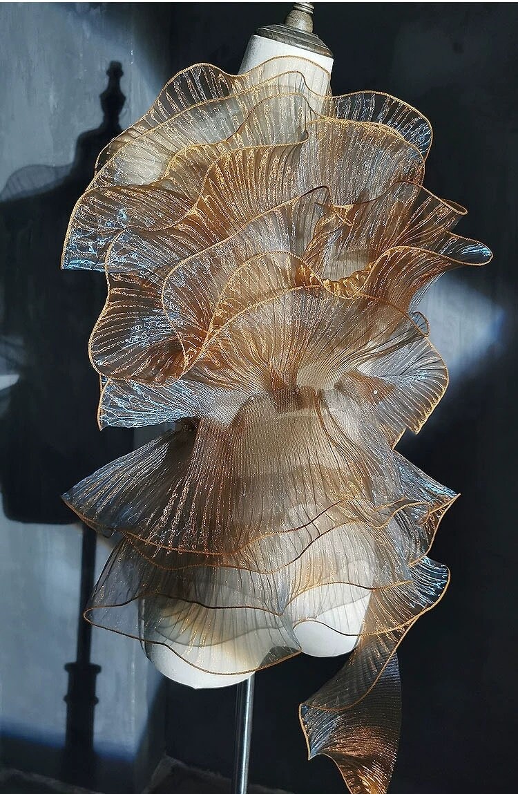 Gold Curry Blue Organza Ruffle Fabric, Mermaid Ruffle Organza Fabric ...