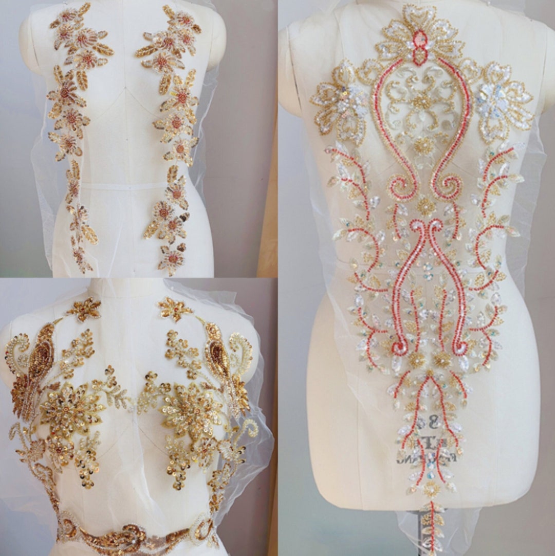 Laser Gold Beaded Appliques, Lace Big Size Applique, Floral Applique ...
