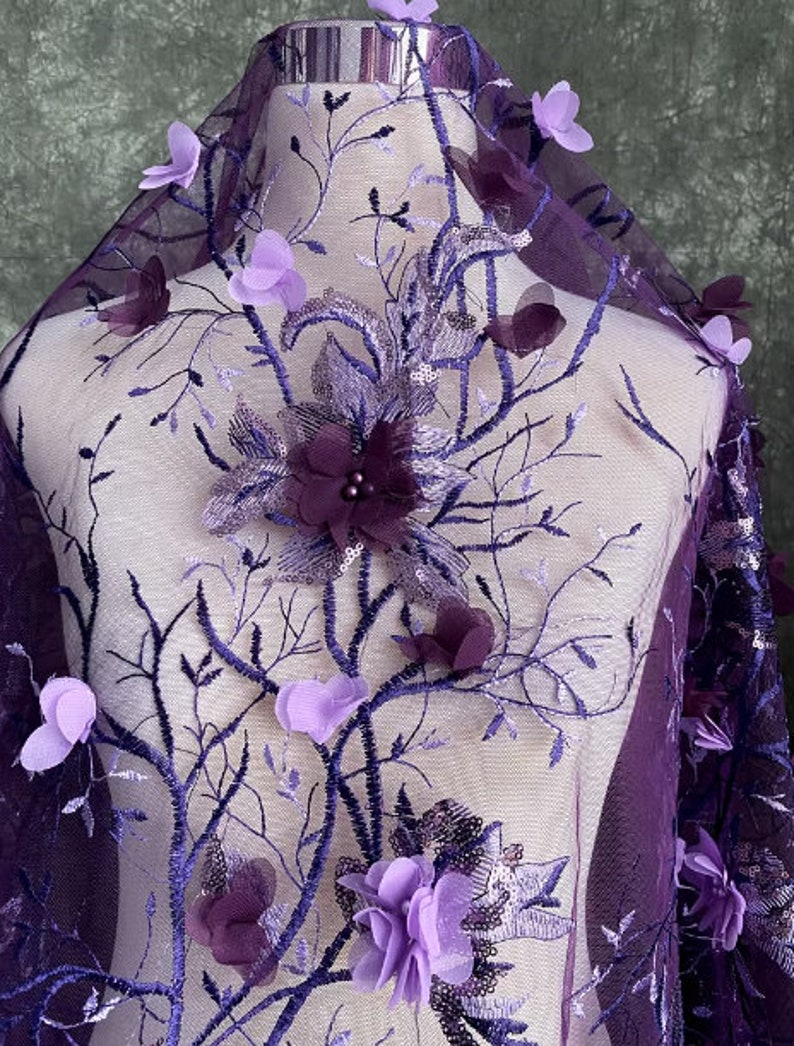 Purple Beaded Embroidery Fabric, Sequins Floral Sewing Fabric, Chiffon ...