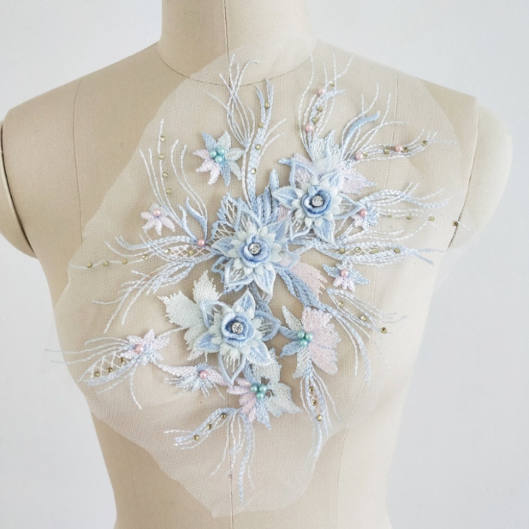 Sky Blue Lace Applique, 3D Beaded Rhinestone Applique, Bridal Bodice ...