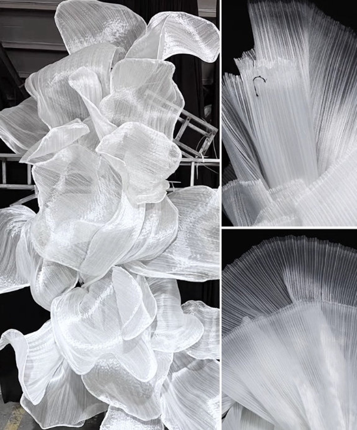 White Glossy Organza Fabric, Pleated Textured Transparent Fabric ...