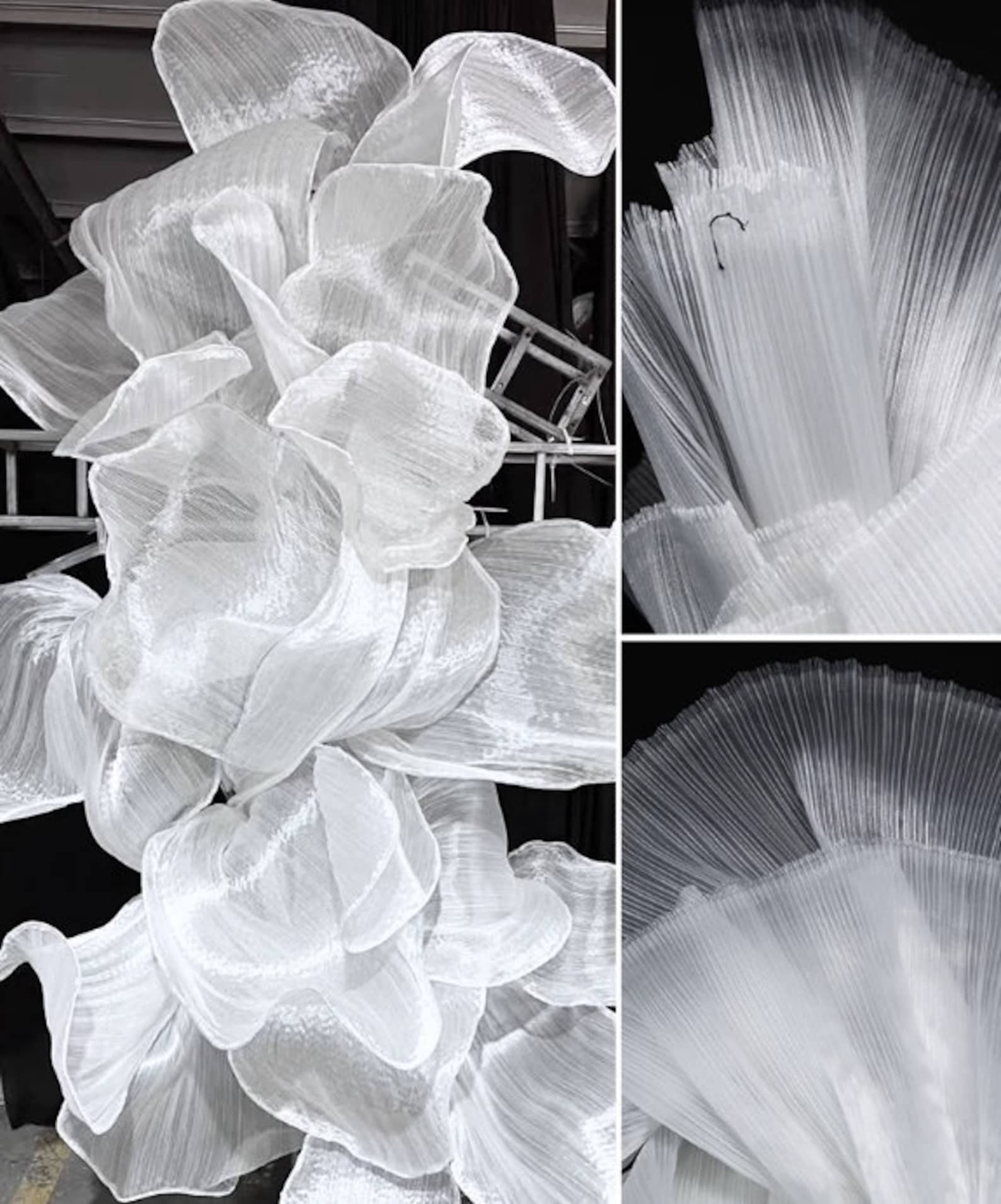 White Glossy Organza Fabric, Pleated Textured Transparent Fabric ...
