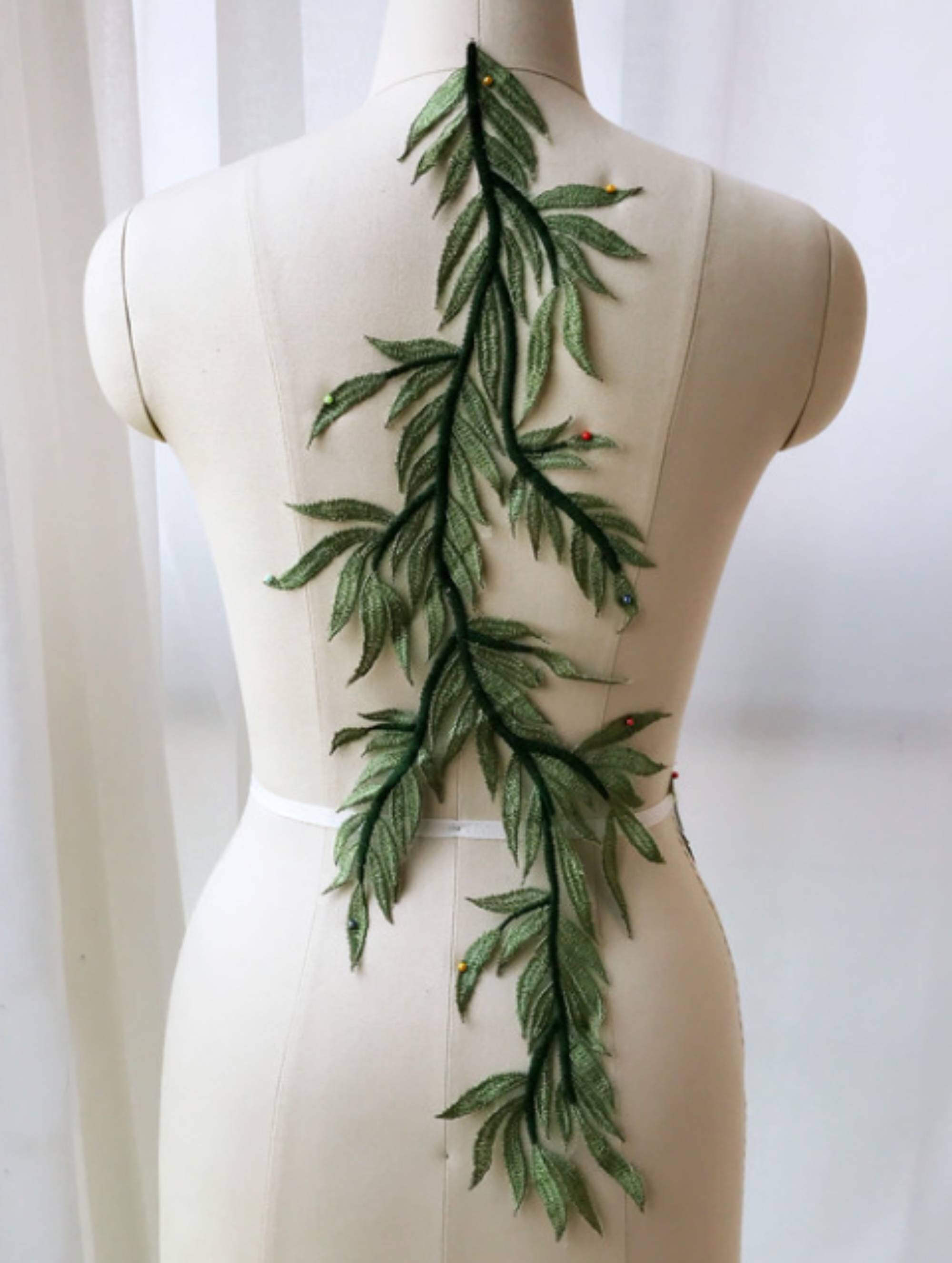 Green Vine Leaf Appliques, One Pair Embroidery Lace Applique, Bridal ...