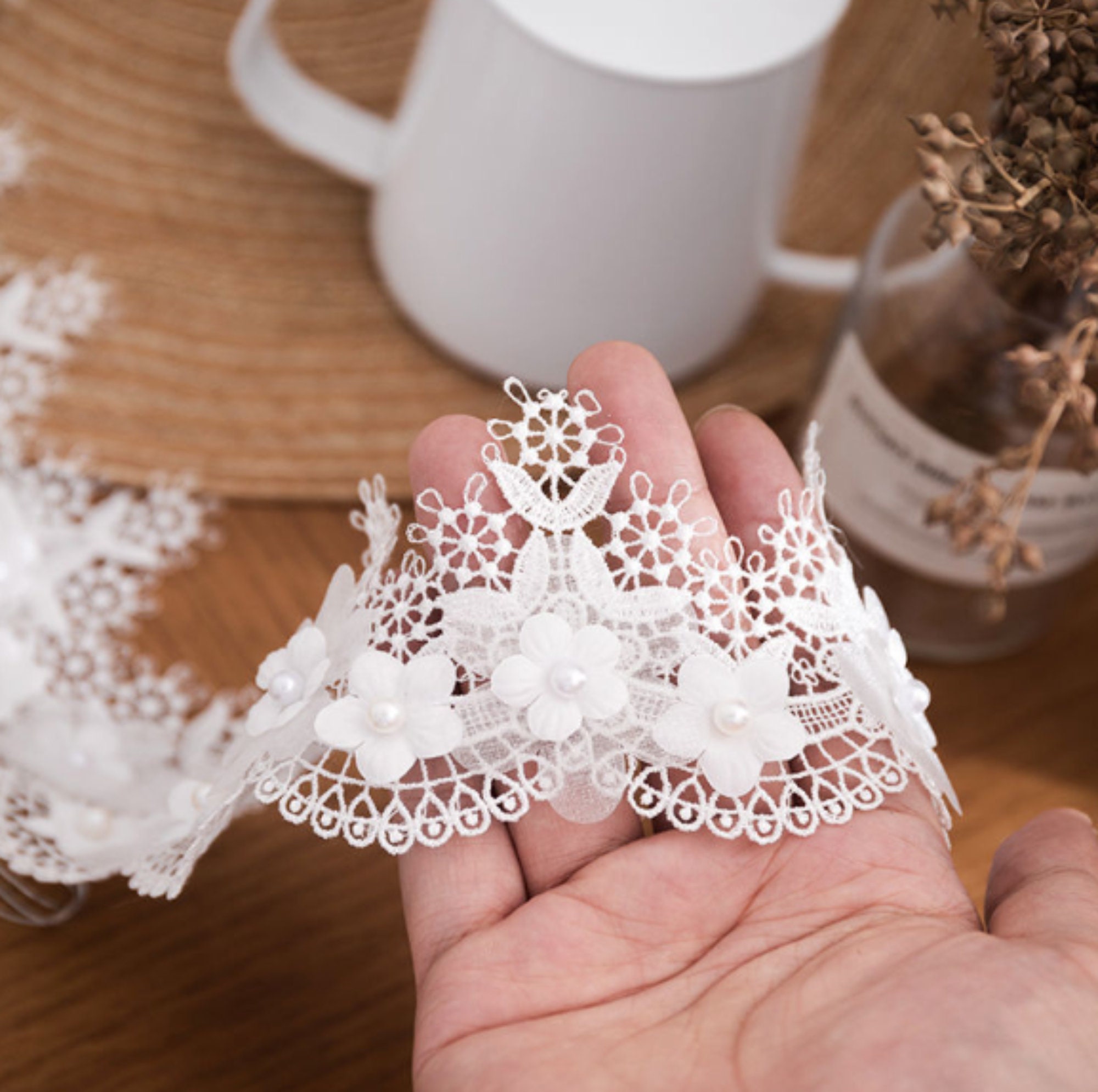 White Beaded Lace Trim, 3D Double Layer Lace Trim, Wedding Dress Lace ...