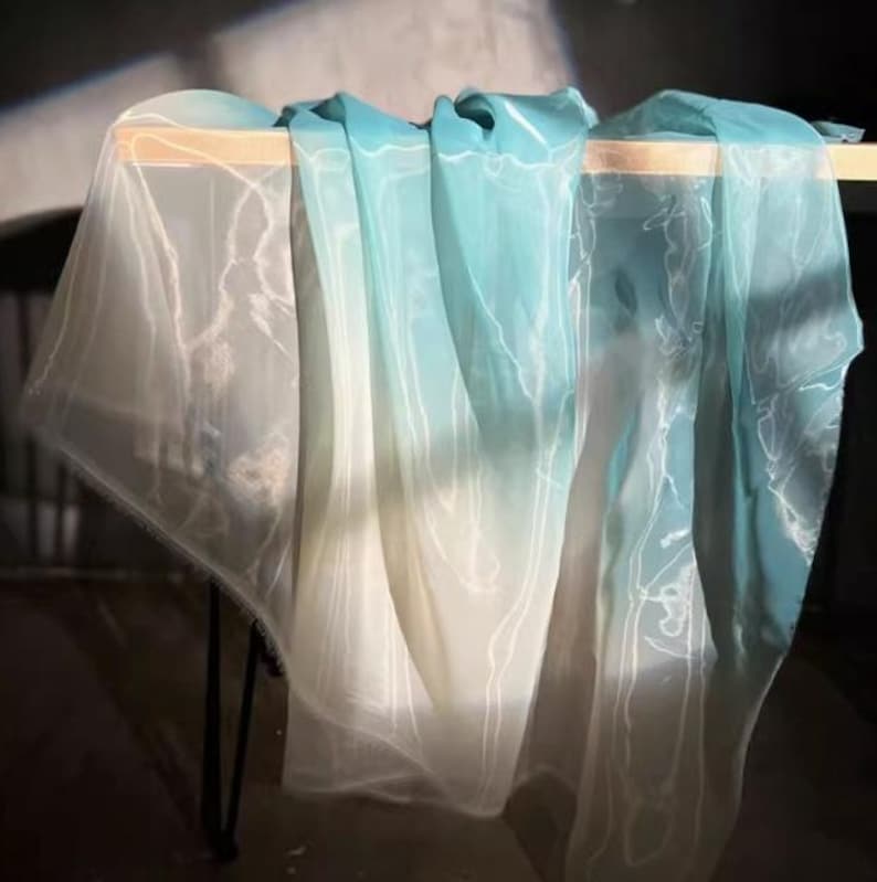 Cerulean-beige Ombre Organza, Soft Sheer Airy Hanfu Robe Fabric, Dense ...
