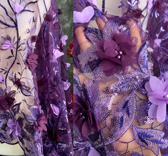 Purple Beaded Embroidery Fabric, Sequins Floral Sewing Fabric, Chiffon ...