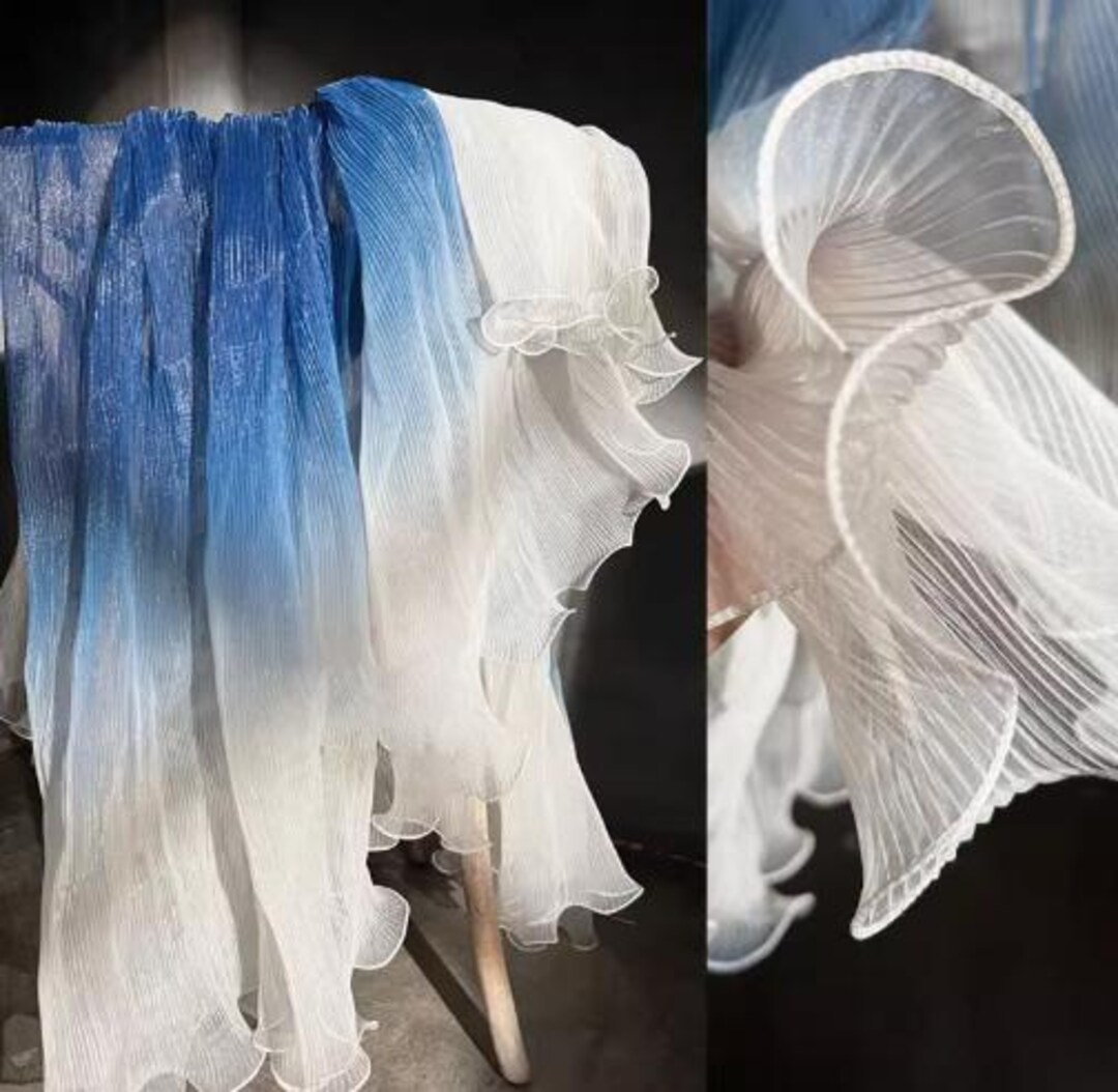 Blue White Gradient Organza Fabric, Pleat Sheer Voile Fabric, Ruffle ...