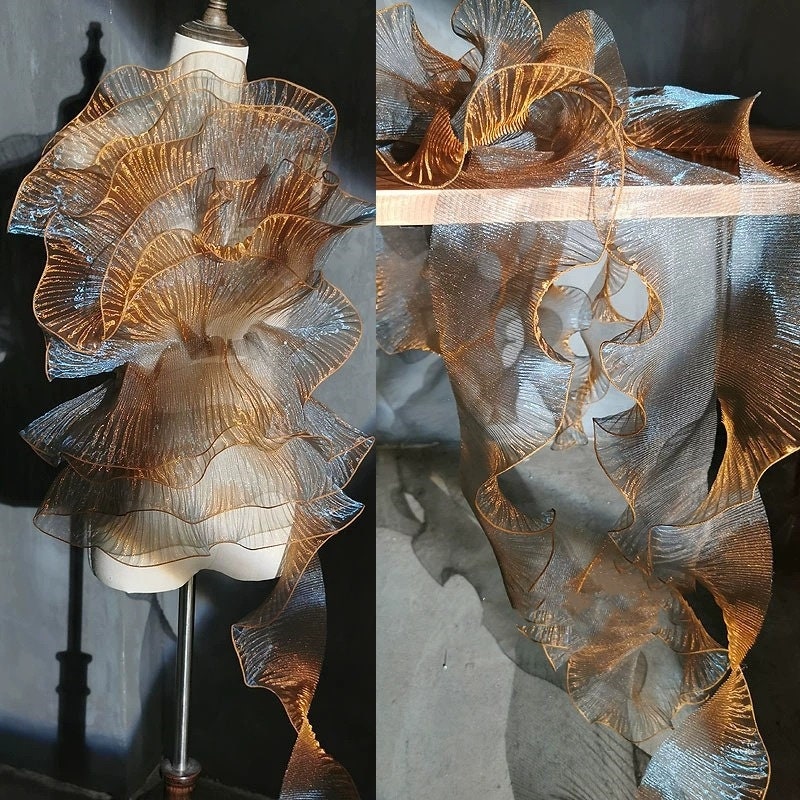 Gold Curry Blue Organza Ruffle Fabric, Mermaid Ruffle Organza Fabric ...