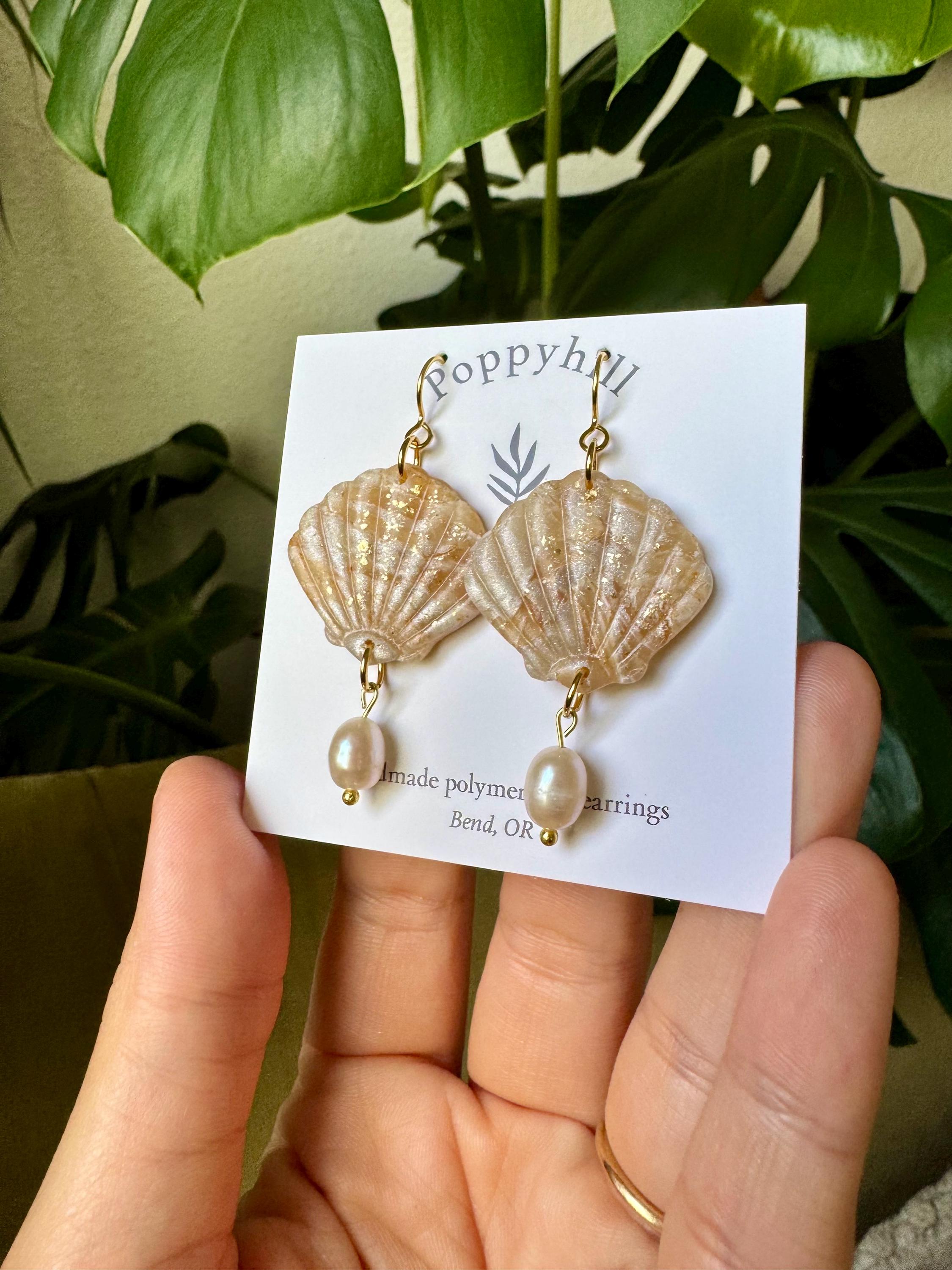 The Shells | Drop Pearls | Gold Foil Handmade Polymer Clay Earrings - Etsy