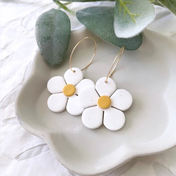 The Daisies Daisy Flower Gold Hoops Handmade Polymer - Etsy