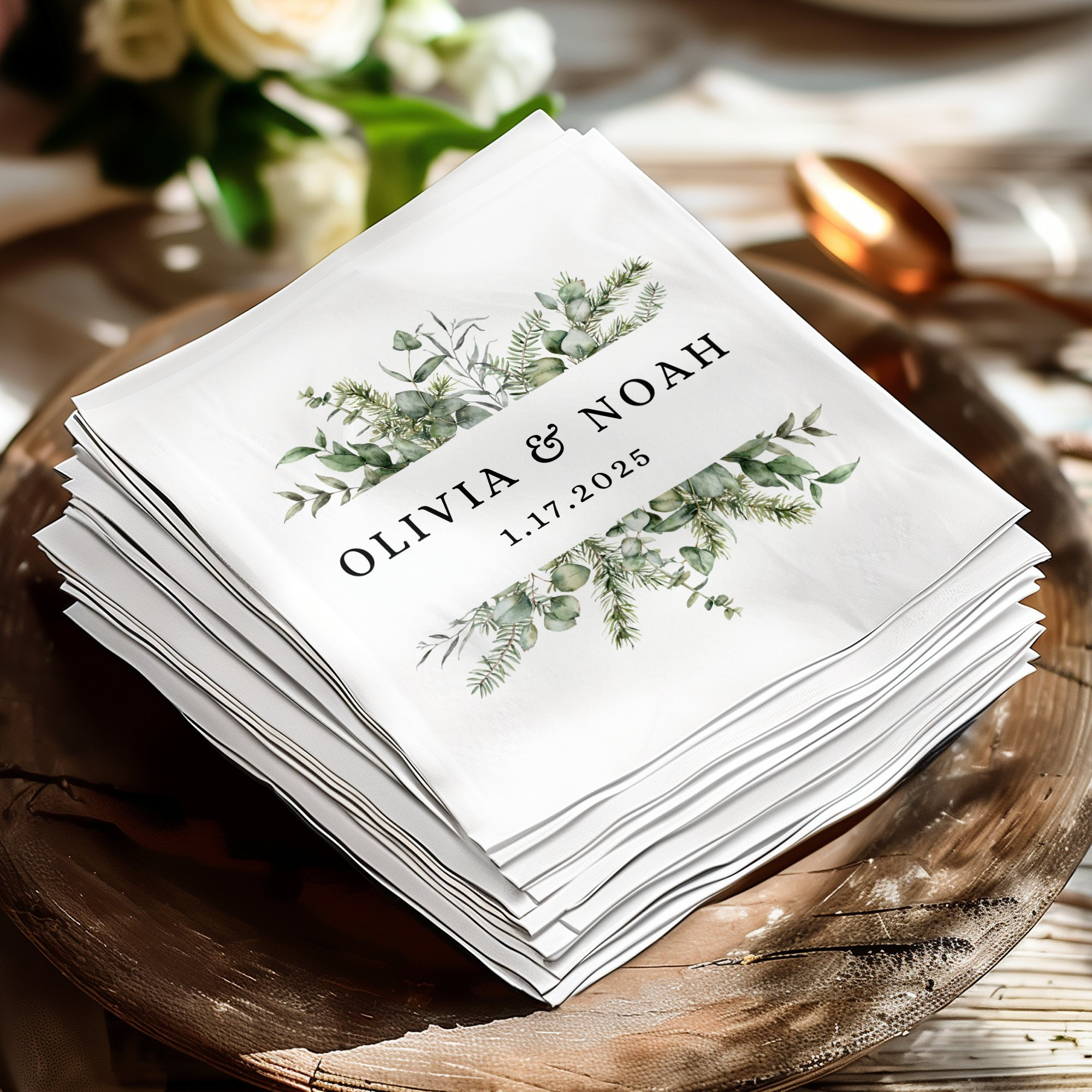 Elegant Greenery Wedding Napkins, Cocktail Napkins, Personalized ...