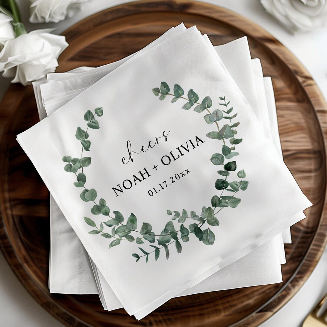 Personalized Wedding Cocktail Napkins, Custom Greenery Wreath Napkins ...