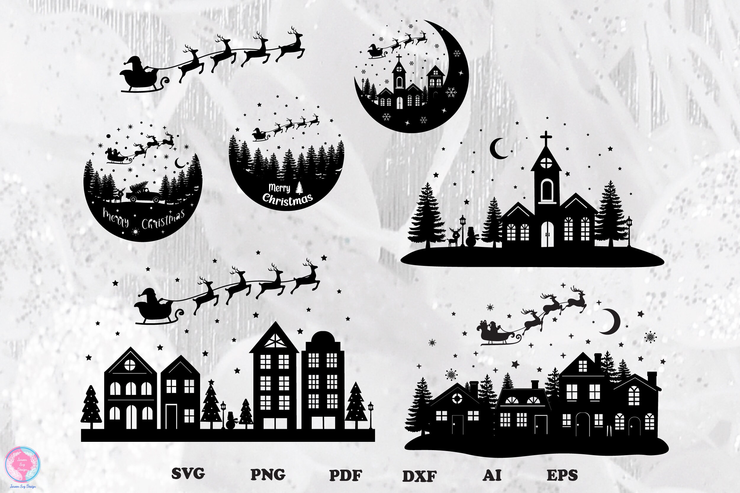 Christmas Village Svg, Christmas Scene Svg, Christmas Svg, Santa Flying ...