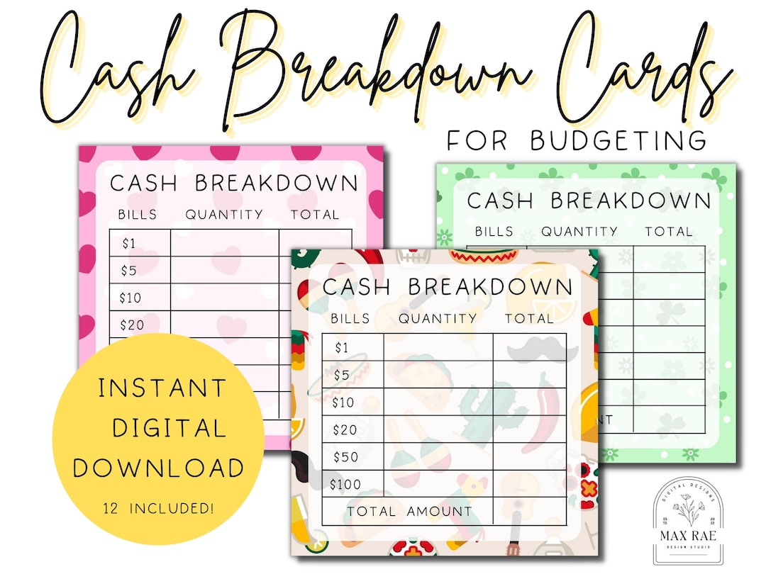 Cash Breakdown Cards | Budgeting Cards | Printable Cards - Etsy