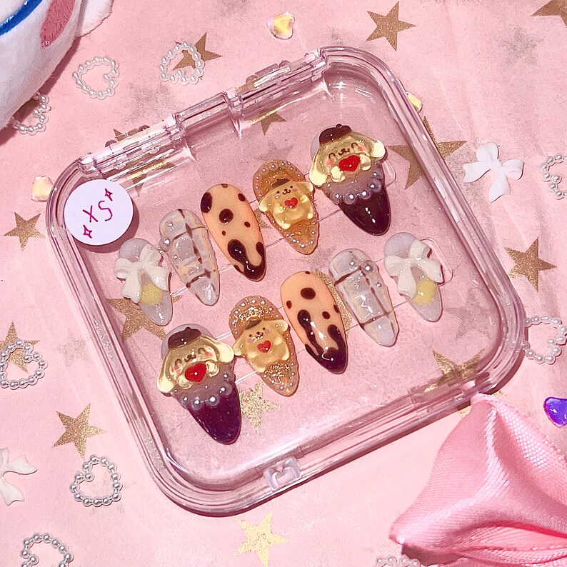 Pompompurin Choco Syrup Press-on Nails Medium Almond Sanrio Deco Gel ...