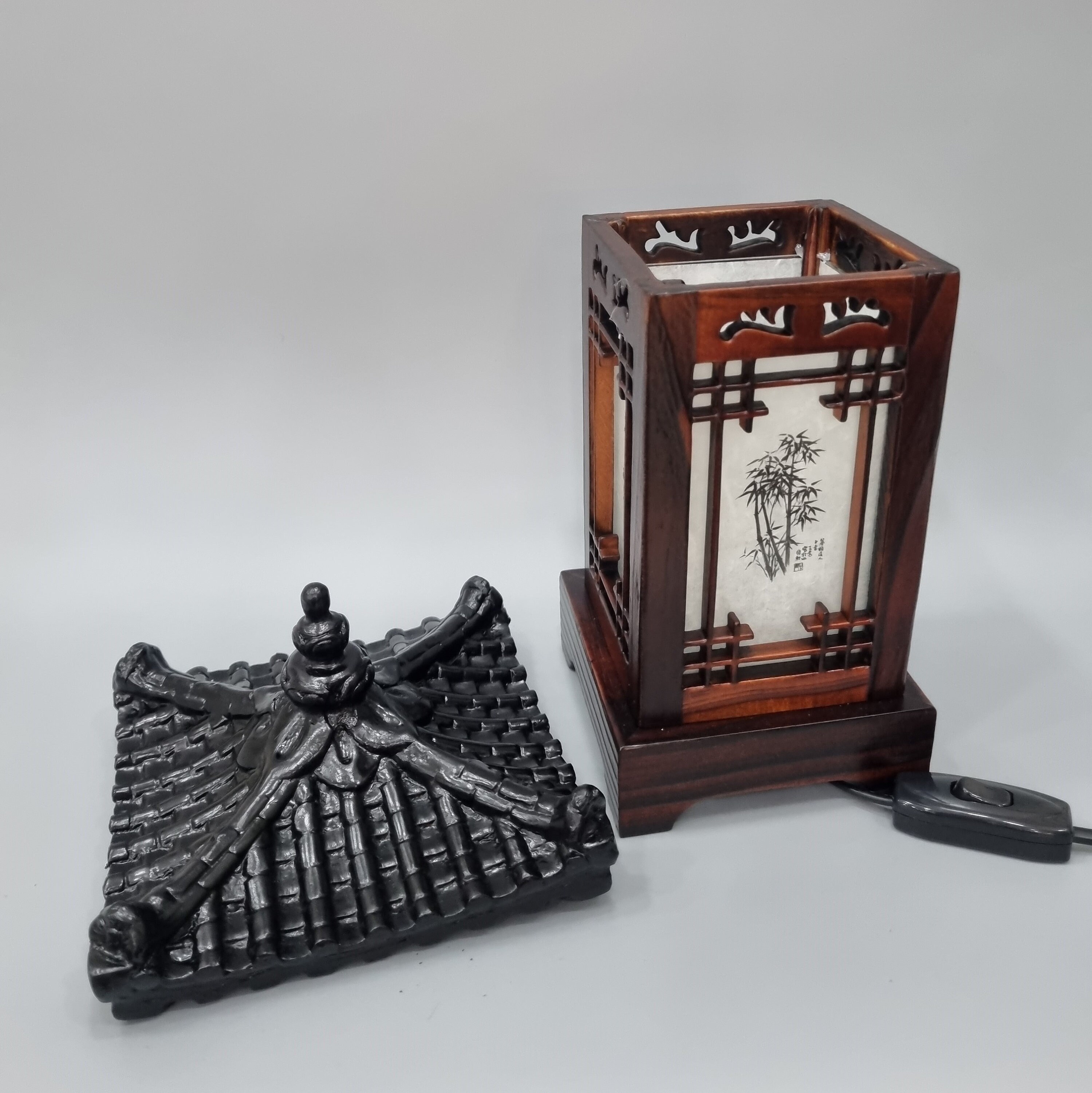 Korean Pagoda Wood Lamp Dark Brown With Black Giwa Roof Korean ...