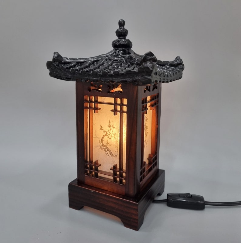 Korean Pagoda Wood Lamp Dark Brown With Black Giwa Roof Korean ...