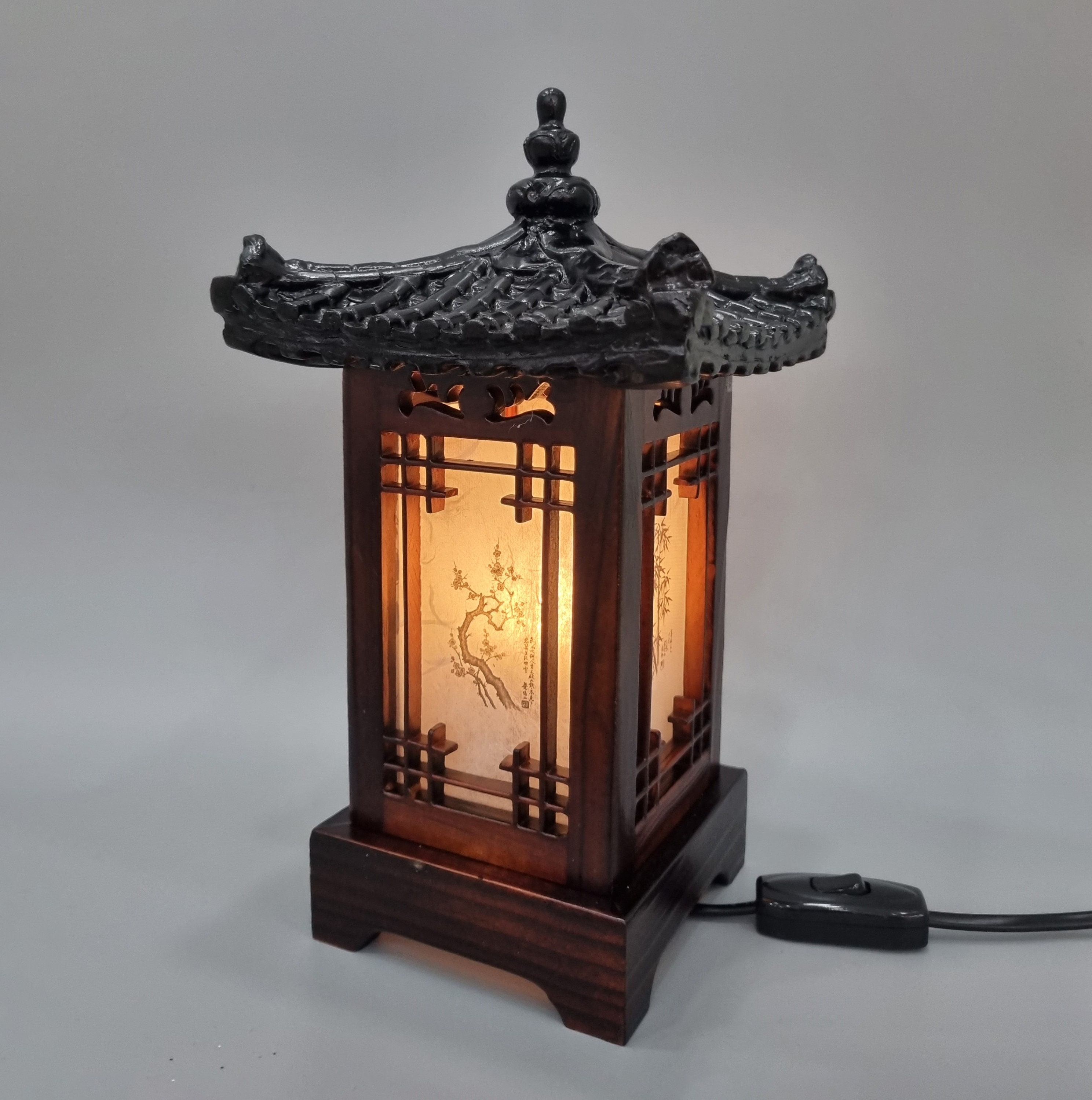 Korean Pagoda Wood Lamp Dark Brown With Black Giwa Roof Korean ...
