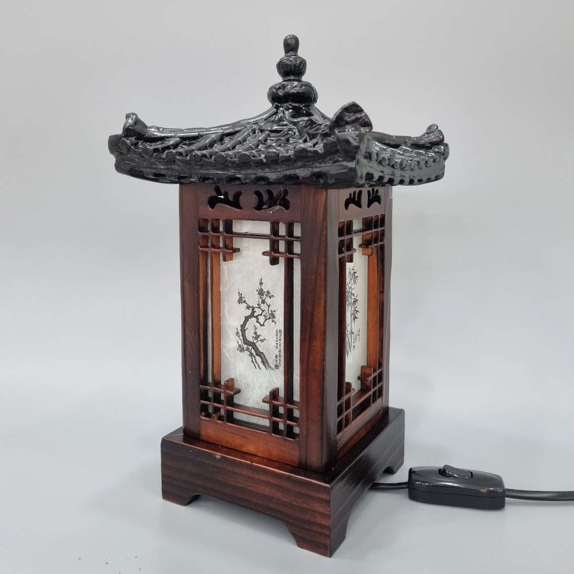 Korean Pagoda Wood Lamp Dark Brown With Black Giwa Roof Korean ...
