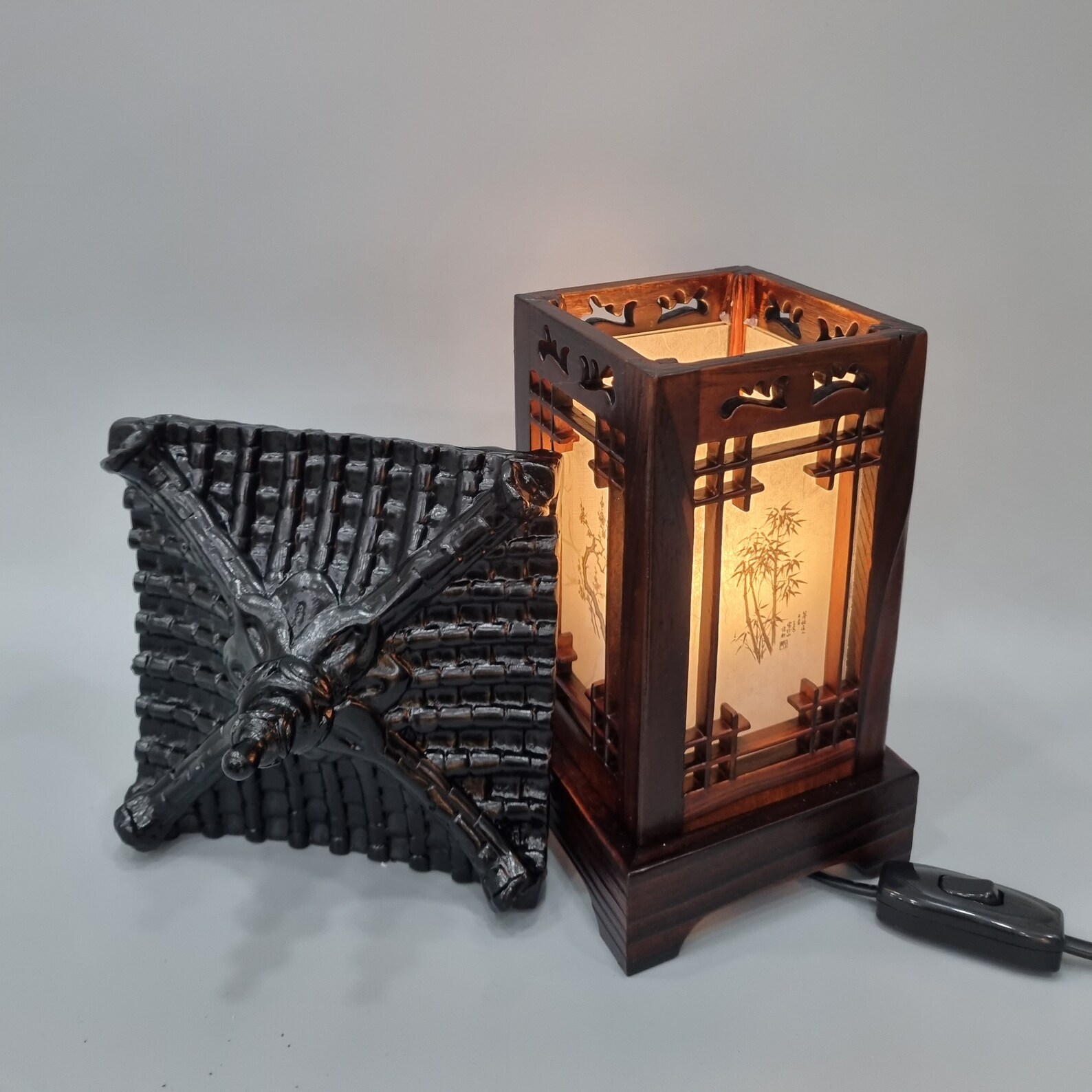 Korean Pagoda Wood Lamp Dark Brown With Black Giwa Roof Korean ...