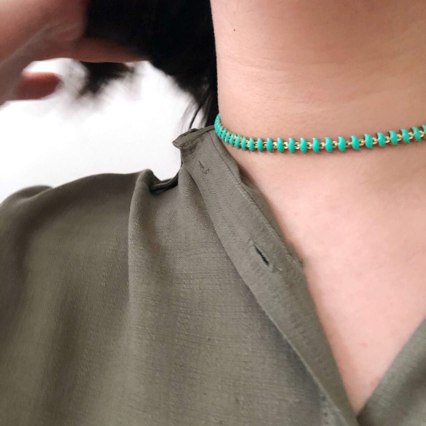 Gold Leaves Choker, Turquoise Tattoo Choker, Leaf Choker, Dainty Choker Necklace, Thin Choker ...