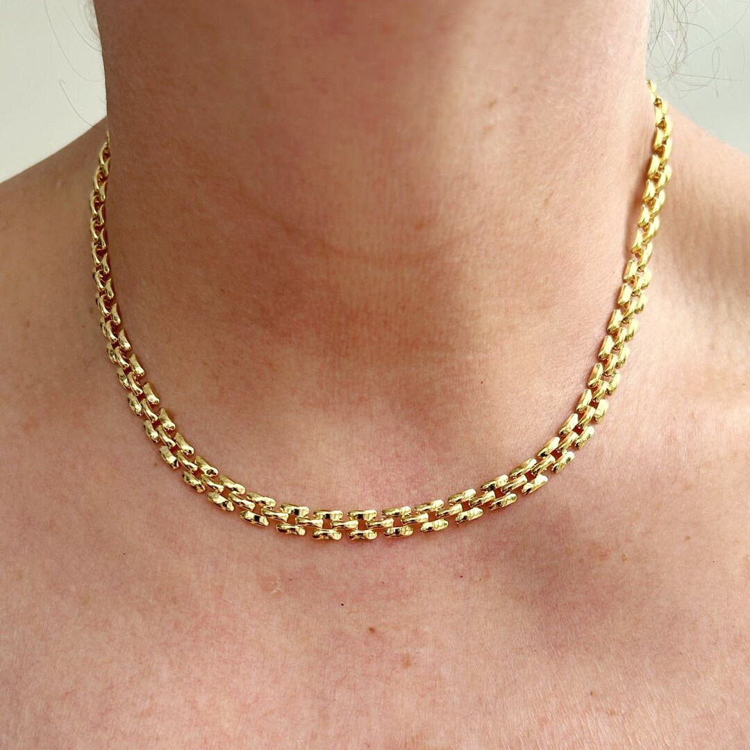 Gold Necklace Panther Chain, Brick Link Choker, Flat Mesh Necklaces ...