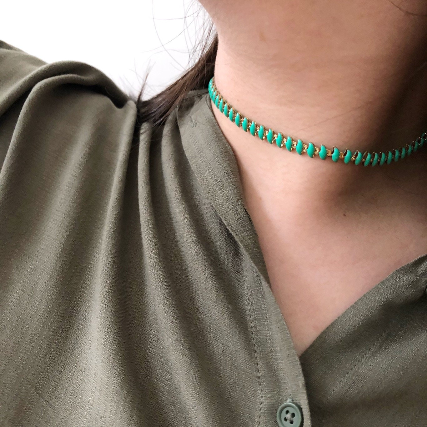 Gold Leaves Choker, Turquoise Tattoo Choker, Leaf Choker, Dainty Choker Necklace, Thin Choker ...