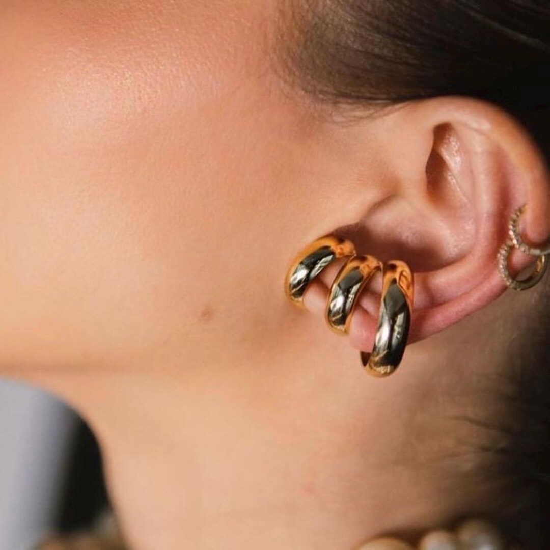 Triple Chunky Gold Plated Ear Cuff, Three Layered Hoops, Everyday Statement Jewellery, Triple ...