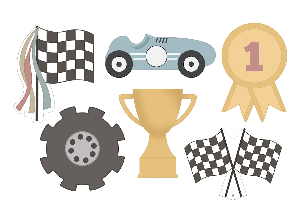 Race Flag With Streamers, Race Car, Medal, Tire, Trophy, or Double Flag ...